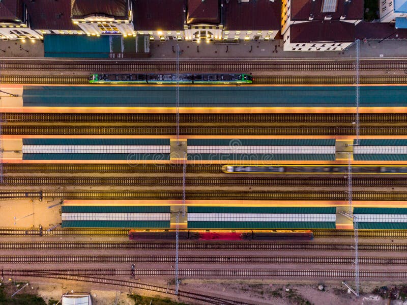 Rail Station Illuminated,top Down Aerial View Stock Image - Image of ...