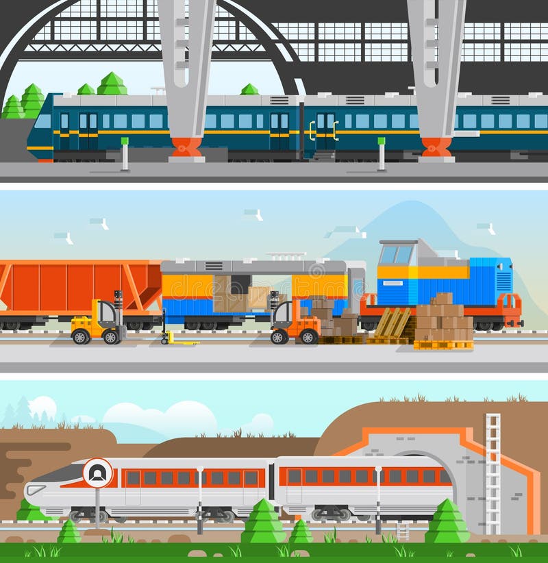 Rail Transport Horizontal Flat Banners Stock Vector - Illustration of ...