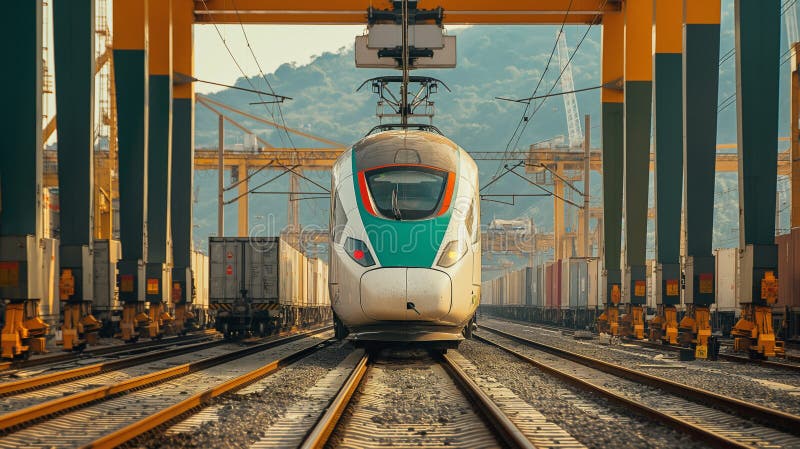 Rail Yard with Trains Carrying Freight Containers and Workers Loading ...