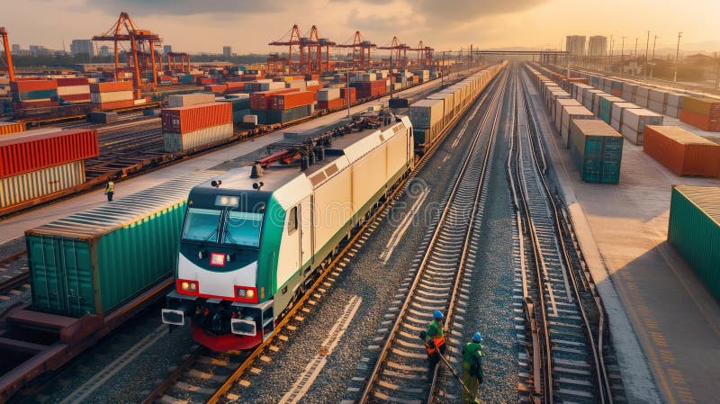 Rail Yard with Trains Carrying Freight Containers and Workers Loading ...