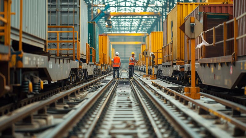 Rail Yard with Trains Carrying Freight Containers and Workers Loading ...
