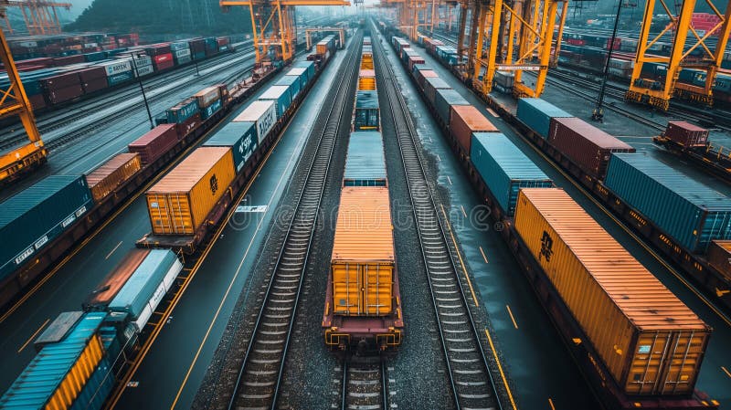 Rail Yard with Trains Carrying Freight Containers and Workers Loading ...