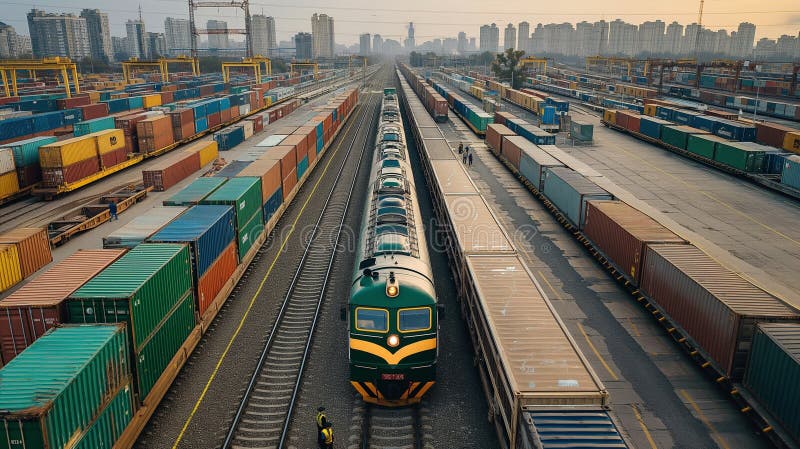 Rail Yard with Trains Carrying Freight Containers and Workers Loading ...