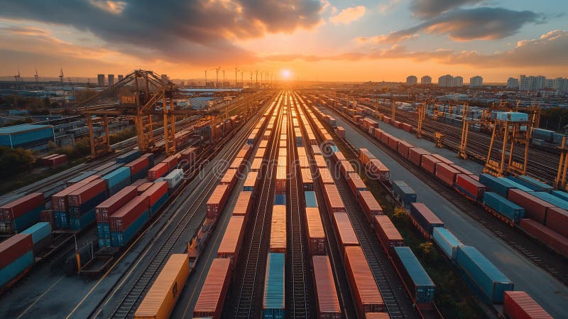 Rail Yard with Trains Carrying Freight Containers and Workers Loading ...