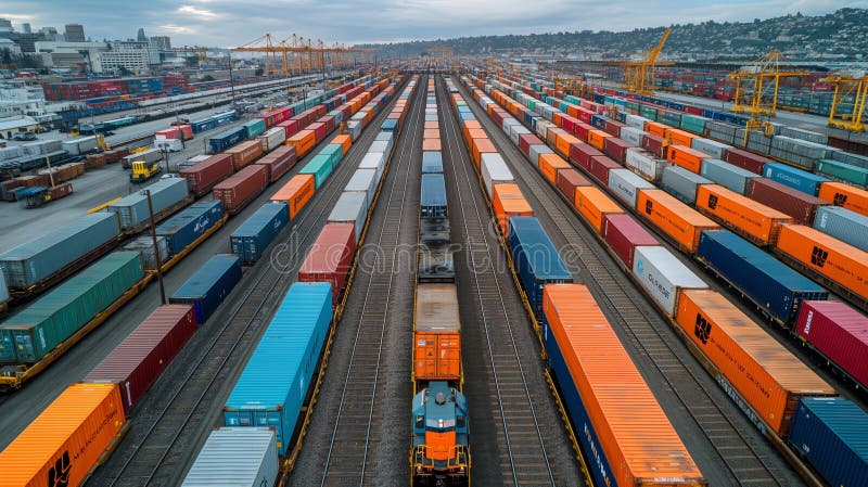 Rail Yard with Trains Carrying Freight Containers and Workers Loading ...