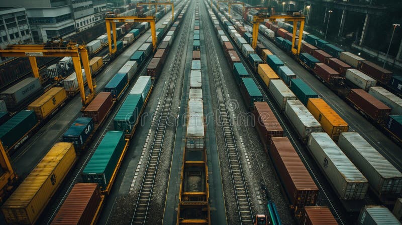 Rail Yard with Trains Carrying Freight Containers and Workers Loading ...