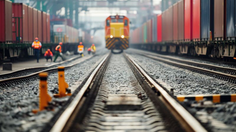 Rail Yard with Trains Carrying Freight Containers and Workers Loading ...