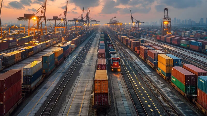 Rail Yard with Trains Carrying Freight Containers and Workers Loading ...