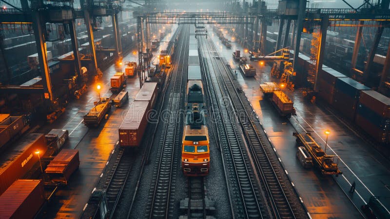 Rail Yard with Trains Carrying Freight Containers and Workers Loading ...