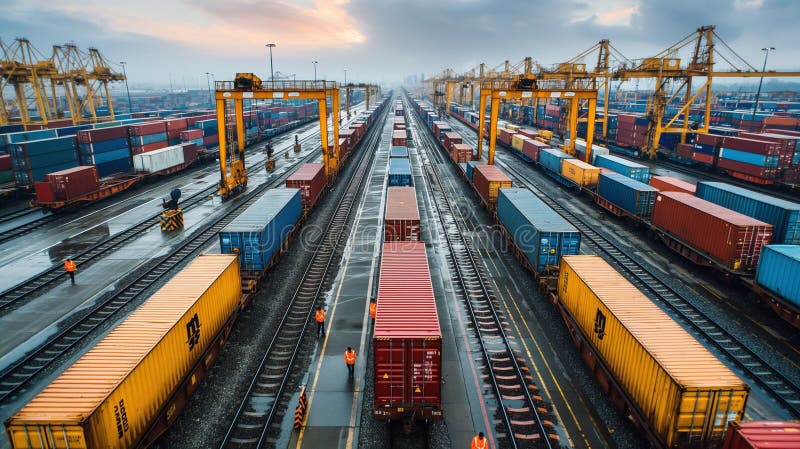 Rail Yard with Trains Carrying Freight Containers and Workers Loading ...