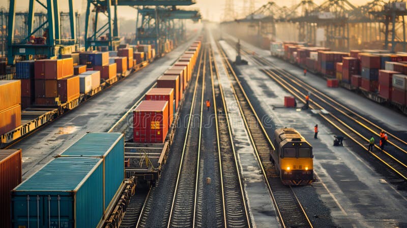Rail Yard with Trains Carrying Freight Containers and Workers Loading ...