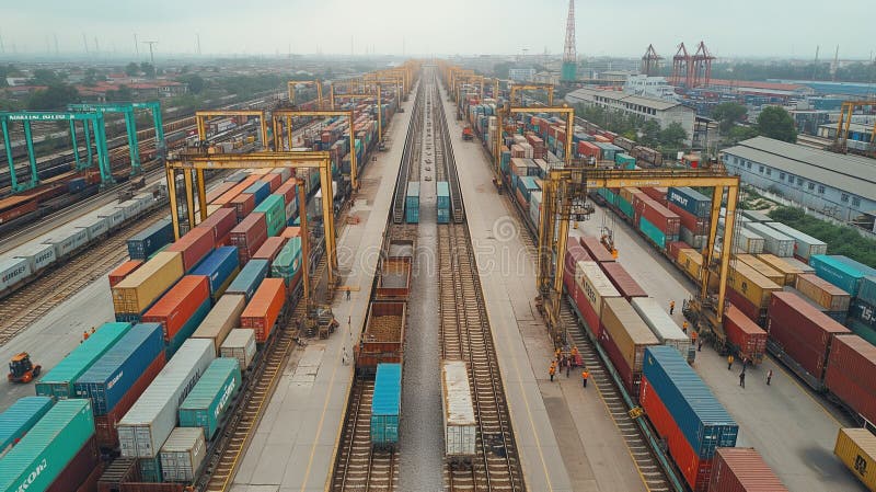Rail Yard with Trains Carrying Freight Containers and Workers Loading ...