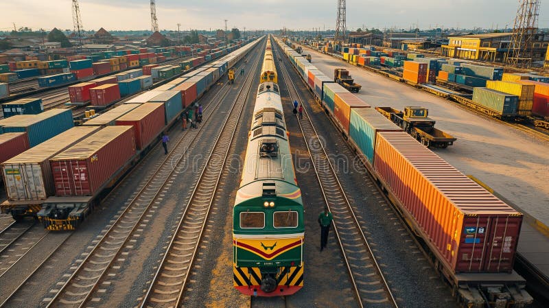Rail Yard with Trains Carrying Freight Containers and Workers Loading ...