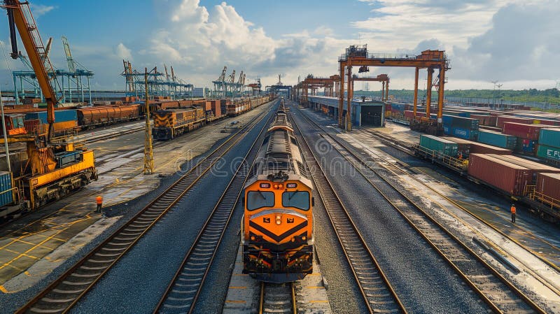 Rail Yard with Trains Carrying Freight Containers and Workers Loading ...