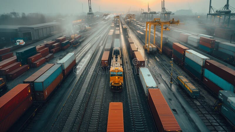 Rail Yard with Trains Carrying Freight Containers and Workers Loading ...