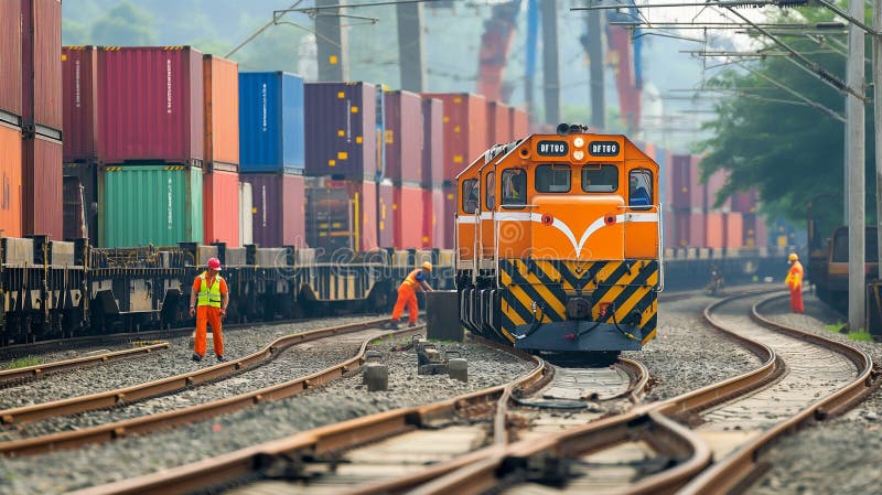 Rail Yard with Trains Carrying Freight Containers and Workers Loading ...