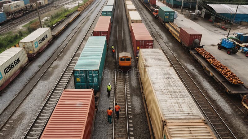 Rail Yard with Trains Carrying Freight Containers and Workers Loading ...
