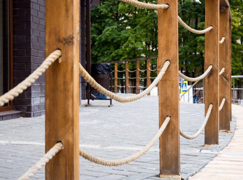 Railing in the Form of Wooden Posts with Tensioned Ropes Stock Image ...
