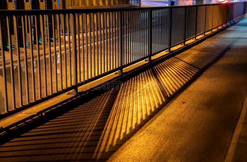 Illuminated Street Railing at Night Stock Image - Image of construction ...
