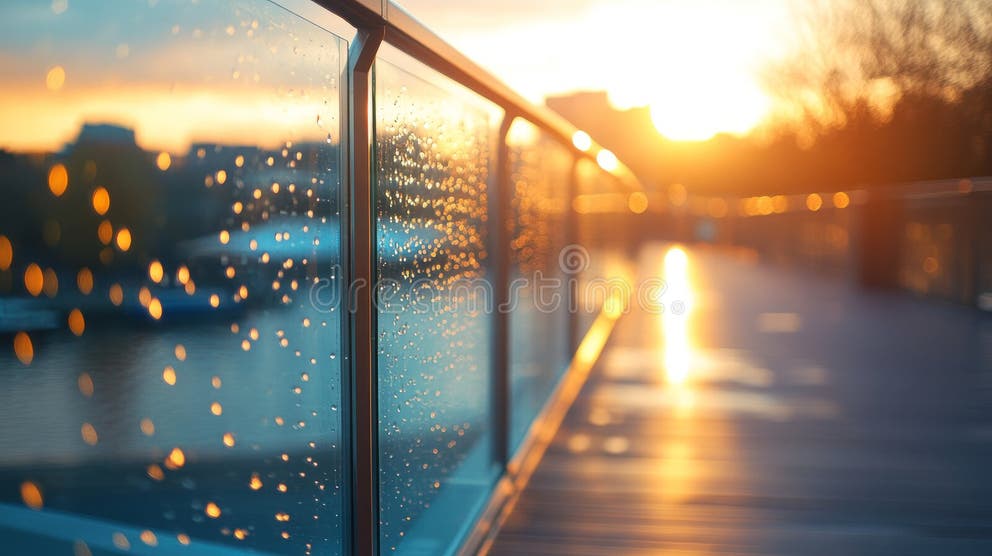Railing with Water Droplets in Sunset Light. Stock Image - Image of ...