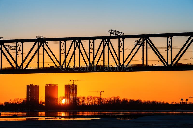 Railroad Bridge and Construction Site on River Bank Stock Image - Image ...