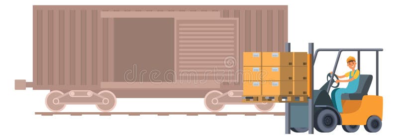 Railroad Cargo Wagon Loading. Worker with Cargo Boxes Stock Vector ...