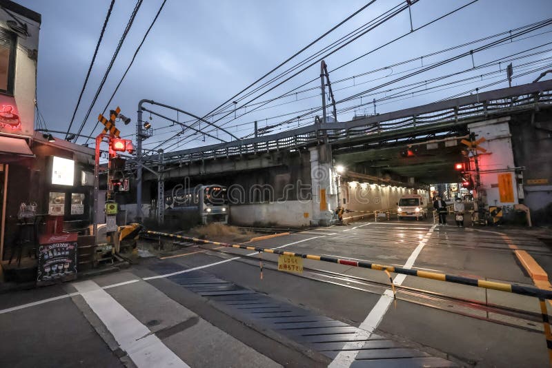 Railroad Crossing at Night with Lights and Structures, Yoyogi Dec 7 ...
