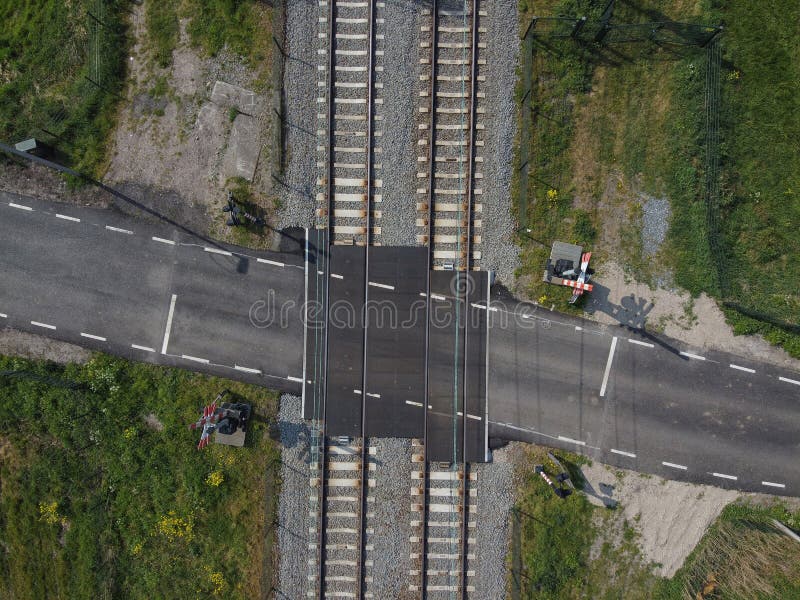 Railroad Crossing and Train Tracks from Above Stock Photo - Image of ...