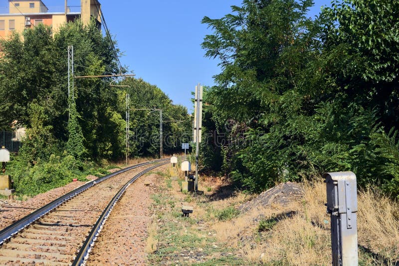 Railroad Crossing with Trees and Buildings by Its Side at Sunset Stock ...