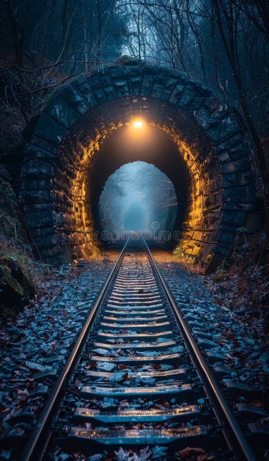 Railroad Goes through Dark Tunnel in the Middle of the Forest Stock ...