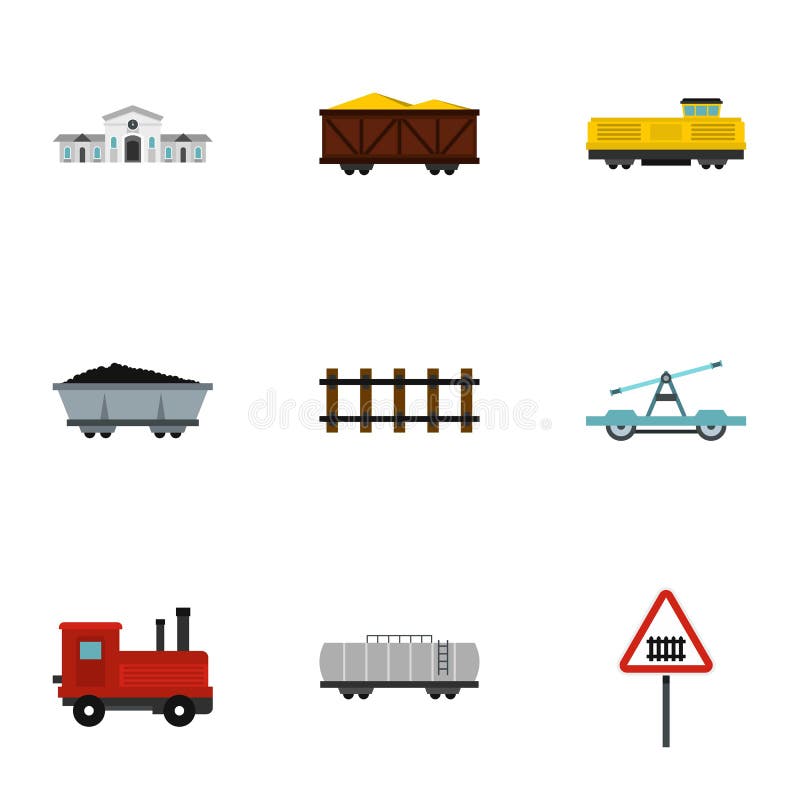 Railroad Icons Set, Flat Style Stock Vector - Illustration of electric ...