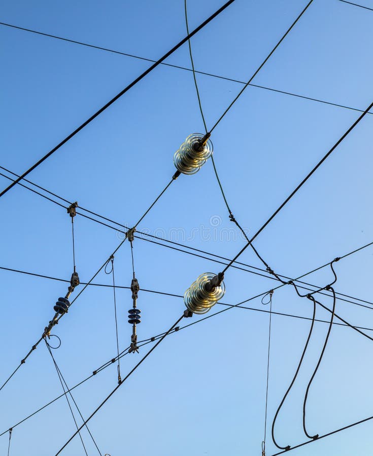 Railroad Overhead Lines Against Clear Blue Sky Stock Image - Image of ...