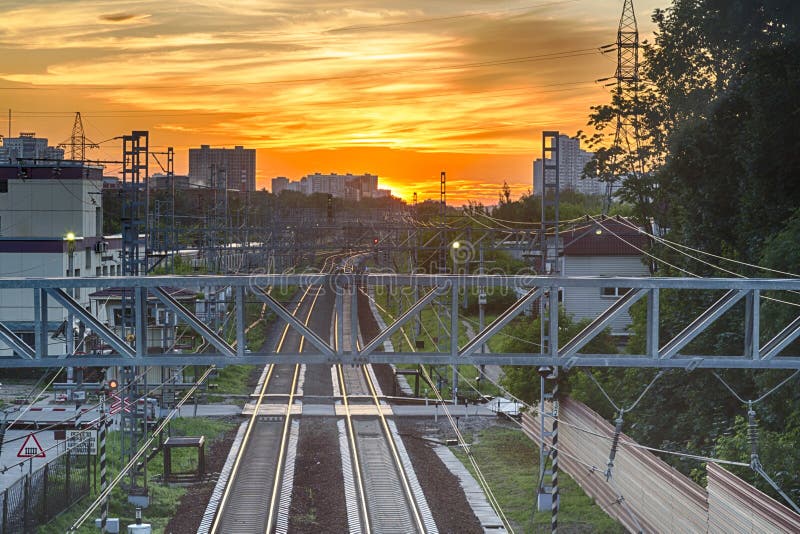 Railroad - Railway at Sunset with Sun Stock Photo - Image of dusk ...