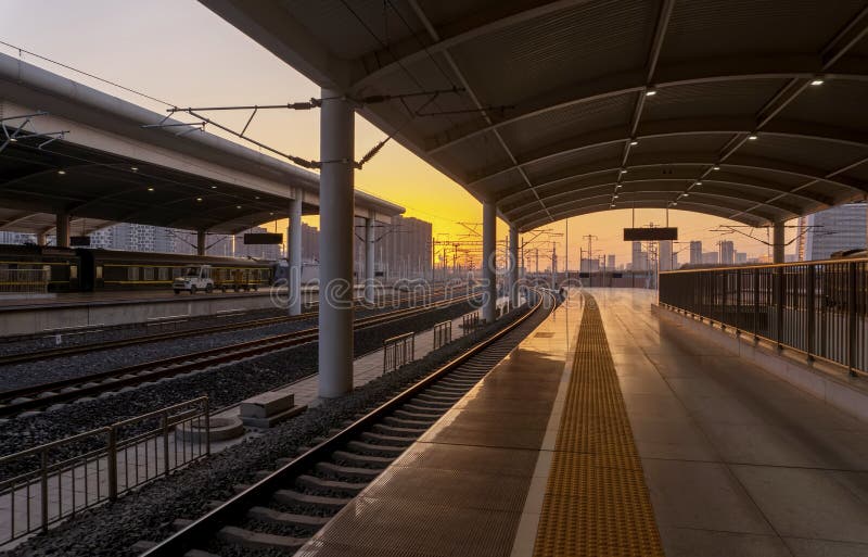 Railroad - Railway at Sunset with Sun Stock Image - Image of building ...