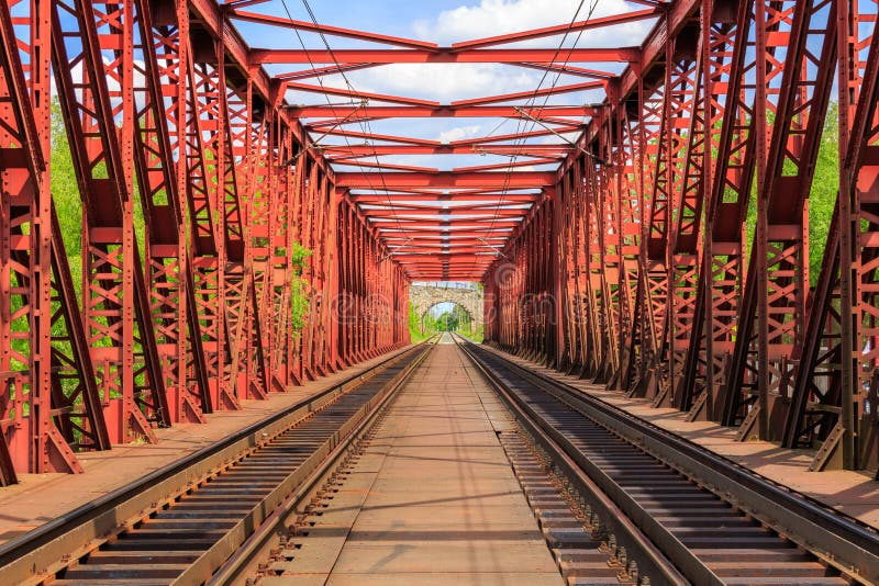 Railroad on a Red Bridge in Summer Day Stock Photo - Image of ...