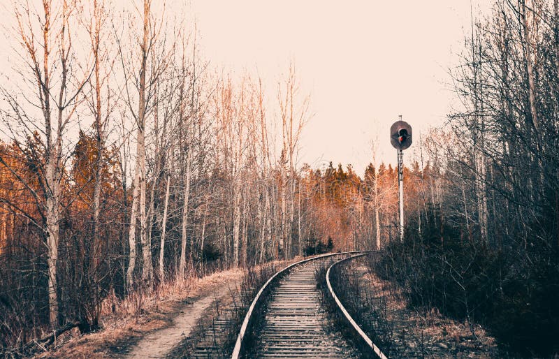 Railroad with Semaphore Going Around the Corner, Art Photography Stock ...
