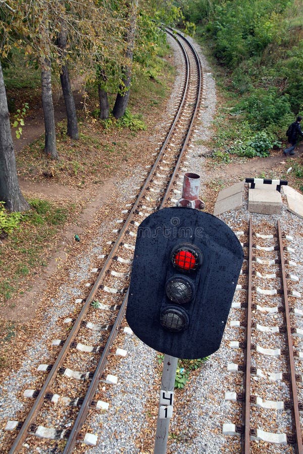 Railroad and Semaphore with Red Signal Stock Photo - Image of concept ...