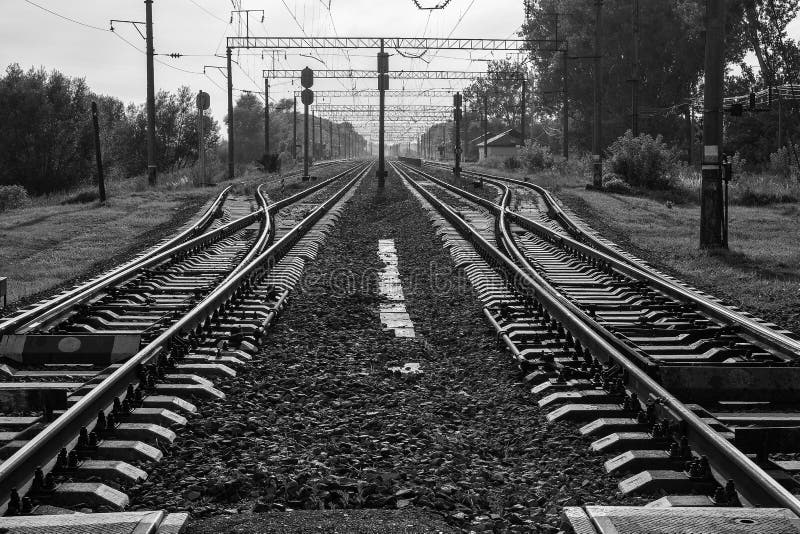 Railroad Track in Black and White Stock Photo - Image of direction ...