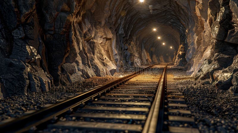 Railroad Track Inside an Illuminated Rocky Tunnel Stock Image - Image ...