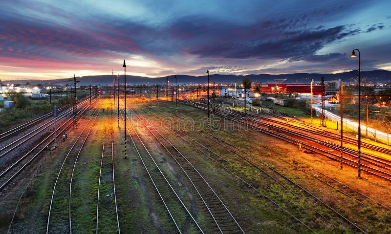 Railroad track at night stock photo. Image of electric - 35084068