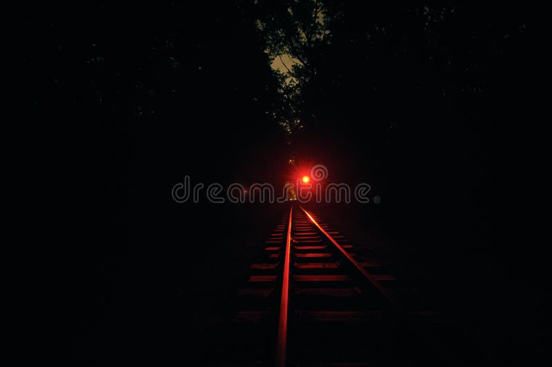 Railroad Track at Night. Red Light is on Stock Photo - Image of ...