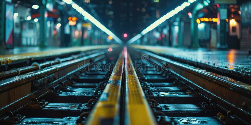 A Railroad Track with a Red Signal Light in the Distance Stock ...