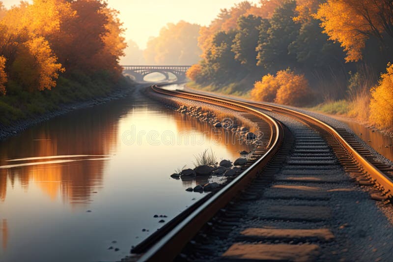 Railroad Tracks Along a Shallow River with Forest in the Distance, Ai ...