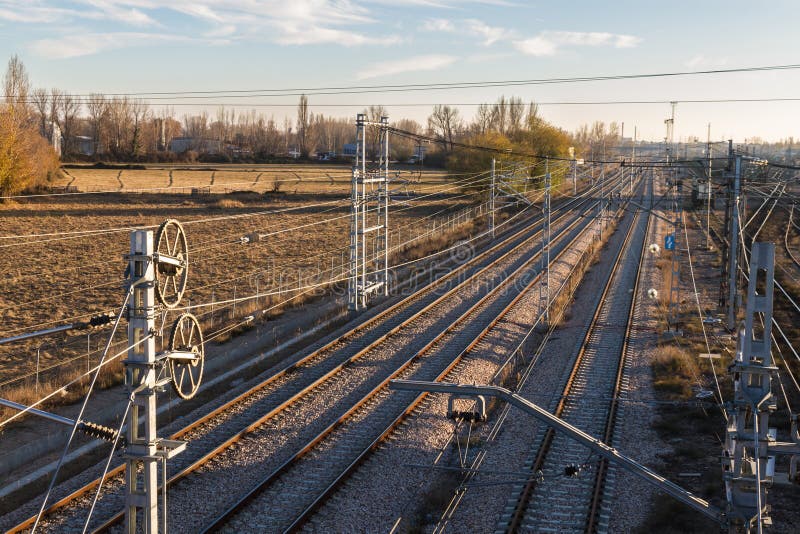 Railroad Tracks and Catenary Stock Image - Image of line, area: 44747597
