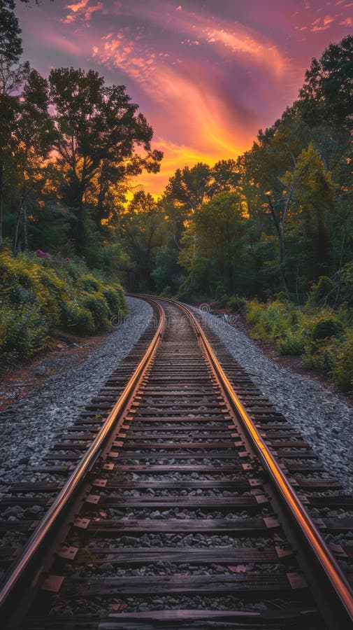 Railroad Tracks through a Forest during Sunset, Vibrant Sky. Tranquil ...