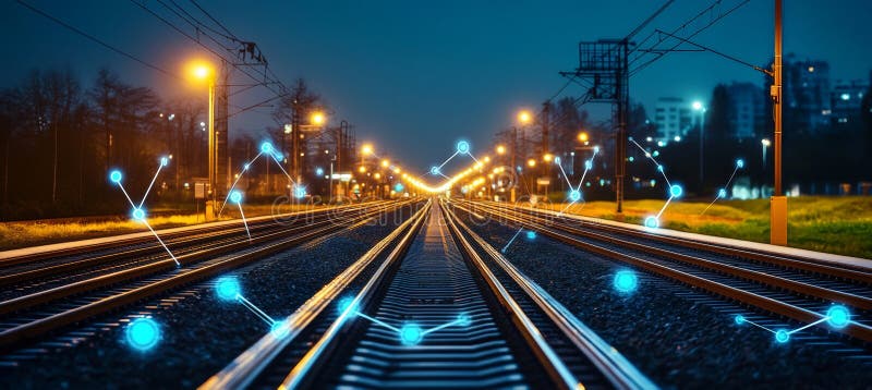 Railroad Tracks with Futuristic Digital Network at Night Symbolizing ...