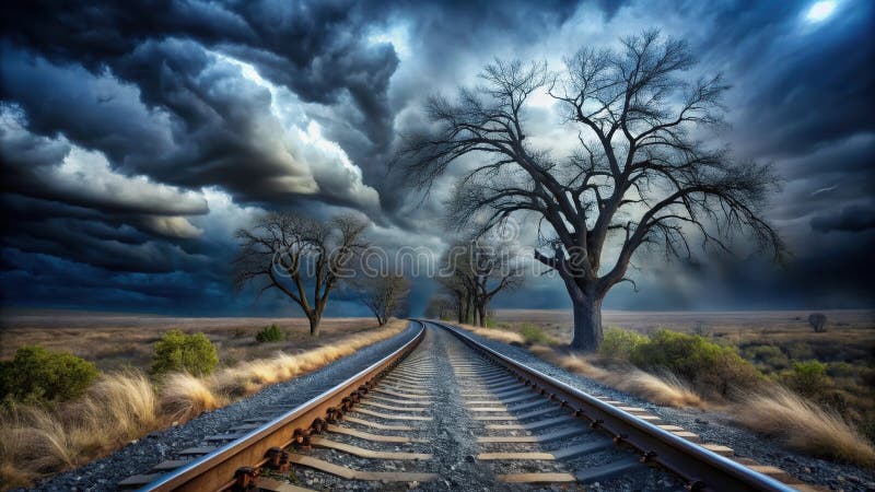 Railroad Tracks Leading through a Dramatic Landscape Under a Stormy Sky ...