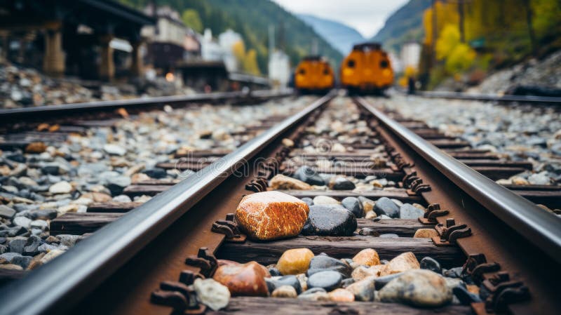 Railroad Tracks in the Mountains with Rocks and Gravel Stock ...