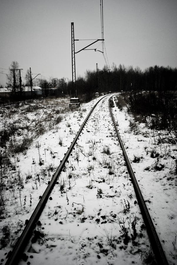 Railroad Tracks or Railway among Snow in Winter Stock Photo - Image of ...