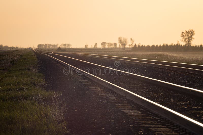 Railroad Tracks Receding into Golden Prairie Sunset Stock Photo - Image ...